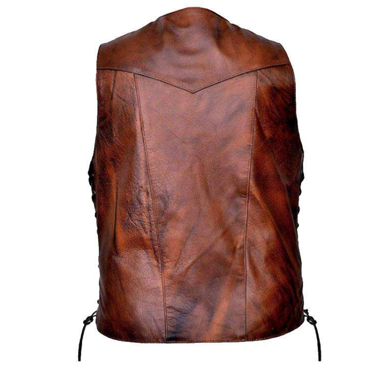 MEN BROWN OPEN COLLAR LEATHER VEST - Jacket World